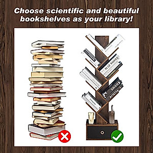 LAZYLAND Brown Bookshelf with Drawer, 6-Tier Floor Standing Tree Bookshelf, for CDs/Movies/Books, Utility Organizer Shelves for Home Office, Bedroom, Living Room