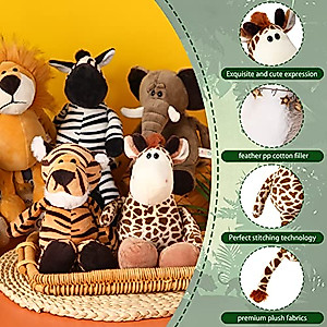 6 Pieces Safari Stuffed Animals Plush Jungle Animal Toys Set for Boys Girls, Cute Lion Elephant Zebra Giraffe Tiger Monkey for Animal Themed Parties Student Award Christmas (Cute Style)