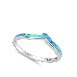 Blue Simulated Opal Chevron Pointed Modern Boho Sterling Silver Ring Size 9