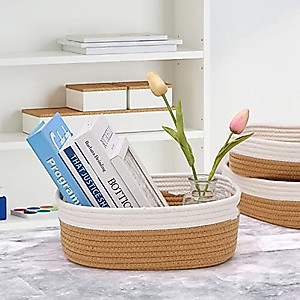 HLWDFLZ 7 Piece Cotton Rope Woven Basket Set - Woven Storage Basket Pets Toy Cotton Rope Basket for Organizing, Small Basket for Montessori, Dog Cat Toy Box, Baby Nursery (White/Jute)