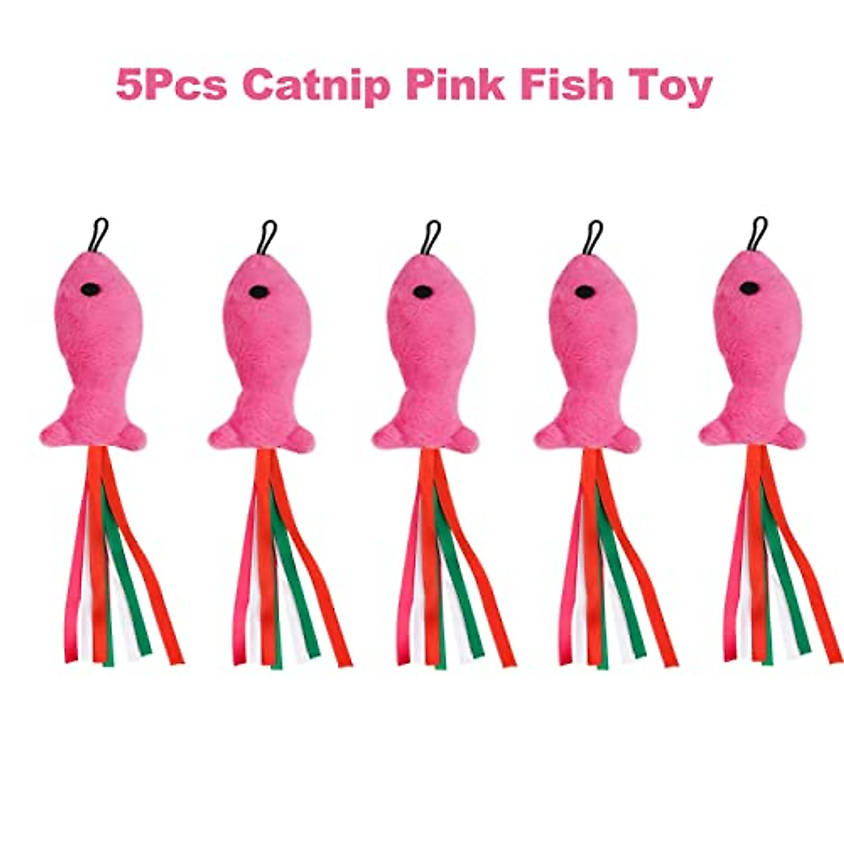 ZeyZoo 5Pcs Catnip Toy, Cat nip Pink Fish Interactive Cat Toy, Kitten Toys Catnip Filled Plush Toys, Feather Teaser Accessories for Cat Wand Toy, Kitten Teething Chew Toys for Cats