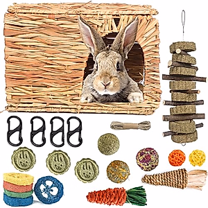 Extra Large House for Rabbits, Hand Crafted Natural Grass Bed Hideaway Hut with Chew Toys for Play Sleep Bunny Guinea Pig Chinchilla Ferret