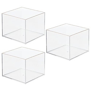 mDesign Makeup Organizer for Bathroom, Bedroom and Vanity Countertops, and Drawers; Storage Bins for Cosmetics, Brushes, Eyeshadow Palettes, Lipstick, Blush - Square - 3 Pack, Clear/Rose Gold