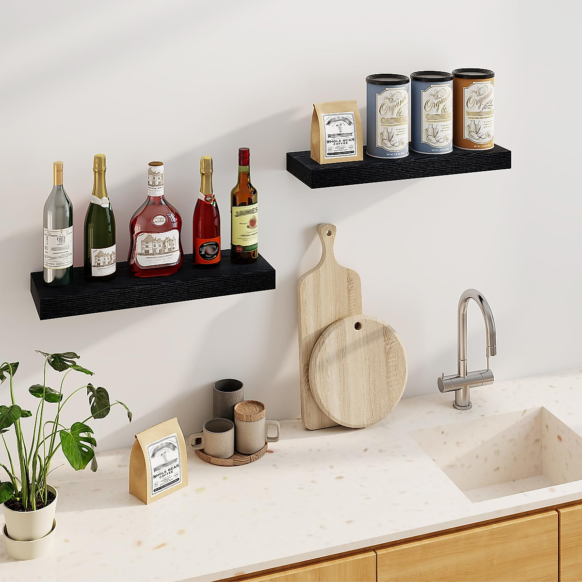 Fun Memories Floating Shelves for Wall, 24Inch Floating Shelves Set of 2, Hanging Shelf with Invisible Brackets, Wood Shelves for Living Room, Bedroom, Kitchen, Black