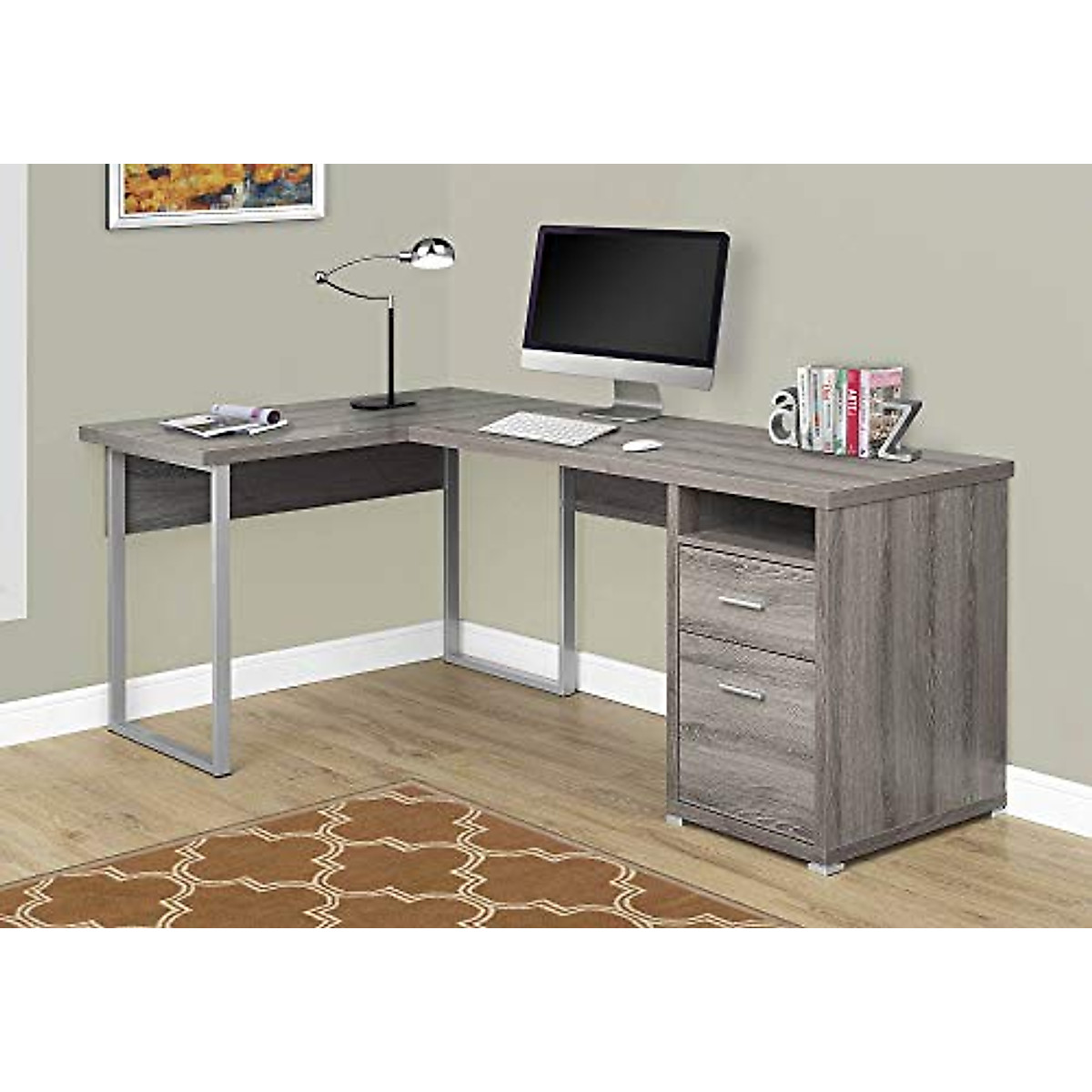 Monarch Specialties I 7255 Computer Desk, Home Office, Corner, Left, Right Set-up, Storage Drawers, 80"L, L Shape, Work, Laptop, Metal, Laminate, Brown, Grey