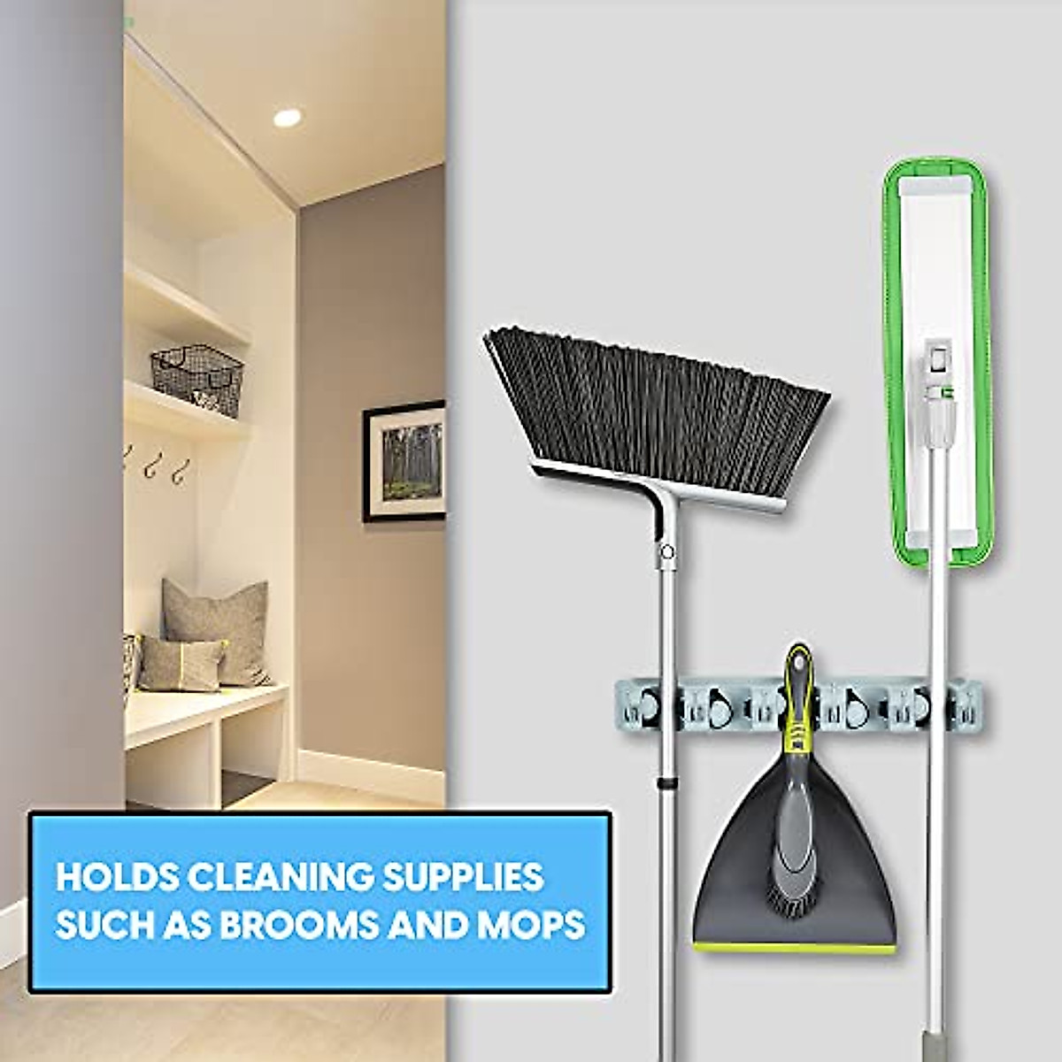 INNOVATEX Garage Tool Storage Rack Mop and Broom Holder Wall Mount Organizer, 5 Clamp Hanger Slots for Rakes, Shovels, Garden Yard Tools, Kitchen and Utility Use, 6 Hanging Hooks for Small Items