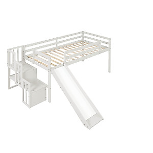 Harper & Bright Designs Kids Twin Loft Bed with Slide, Low Loft Bed Frame with Stairs and Storage Shelves, Slide Loft Bed for Boys and Girls, No Box Spring Needed,White