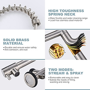 Commercial Kitchen Faucet with Pre-Rinse Sprayer, WOWOW Solid Brass Commercial Restaurant Faucet 1 or 3 Hole Spring Kitchen Faucet with Deck Plate, Brushed Nickel