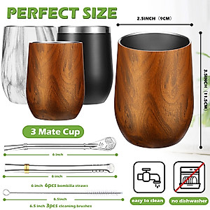 3 Packs Mate Cup and Bombilla Set, Including 12 oz Yerba Mate Cup Stainless Steel Double Walled Mate Tea Cup with Lid, Bombilla Yerba Mate Straw and Cleaning Brush for Yerba Mate, Tea, Coffee, Drinks