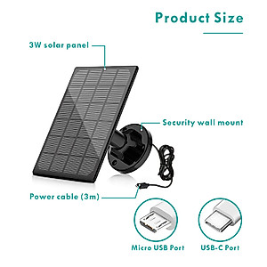 Solar Panels for DC 5V Outdoor Rechargeable Battery Camera, Solar Panel for Security Camera, Solar USB Charger with Micro USB & USB-C Port, 9.8ft Cable, Adjustable Wall Mount, IP65 Waterproof, 2 Pack