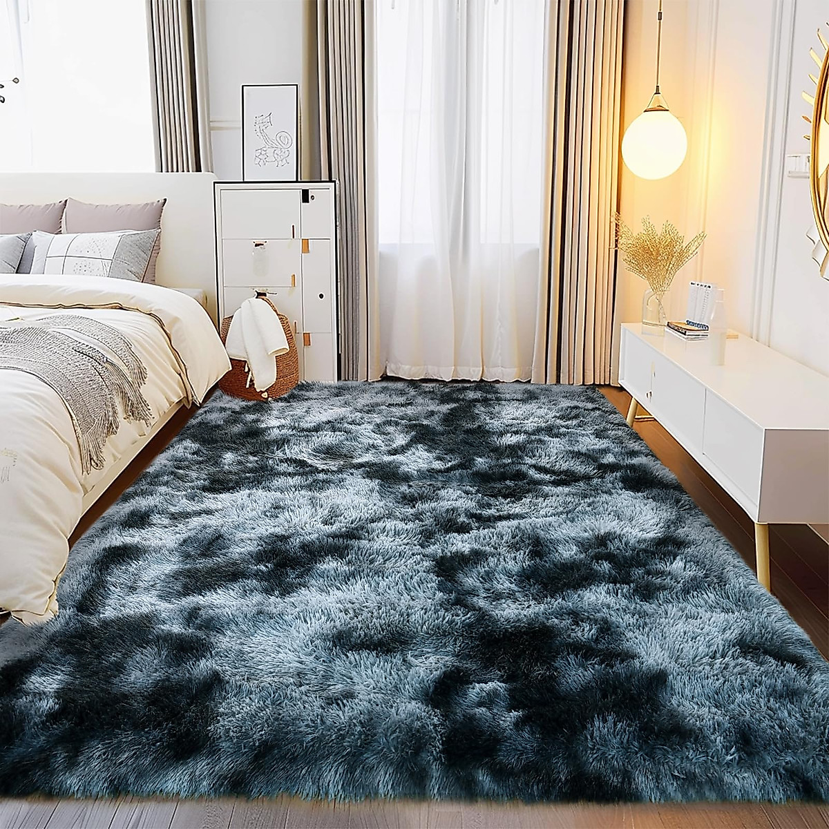 Isdook Anti-Skid Rectangular Fuzzy Rug Fluffy Rug for Living Room Non-Slip Shag Fuzzy Rug for Nursery Tie-Dyed Blue Grey Rectangle 5x7 Feet