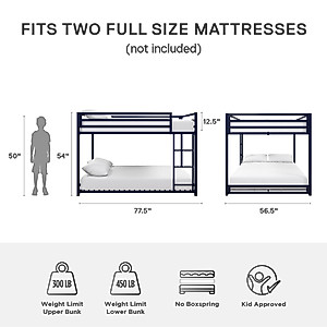 DHP Miles Low Metal Bunk Bed Frame for Kids, With Built-in Ladder, High Guardrail and Metal Slats, Floor Bed Bottom Bunk, No Boxspring Required, For Small Spaces, Full-Over-Full, Blue
