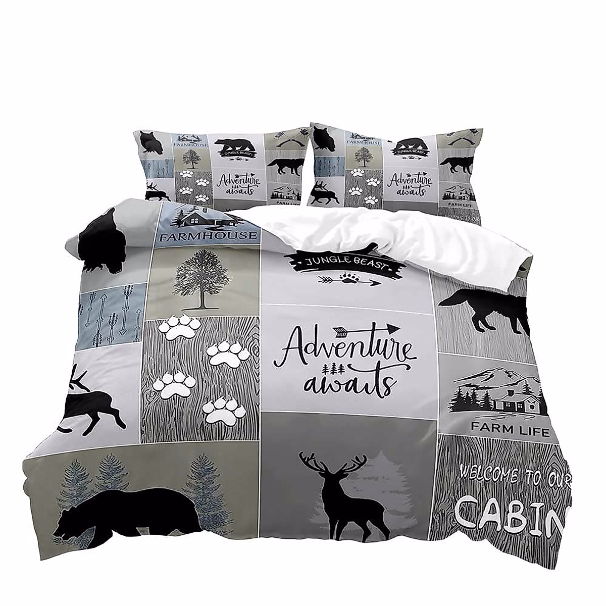LUVIVIHOME 2PCS Cabin Rustic Bedding, Twin Duvet Cover, Black Bear Deer Elk Owl Forest Animal Wildlife Hunting Lodge Quilt Bedspread Patchwork Comforter Cover, Country Farmhouse Bedding, 1 Pillow Sham