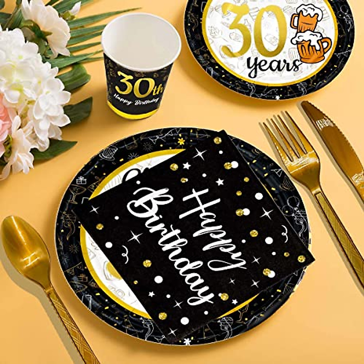 30th birthday decorations for him her - (Total 169pcs) black gold Birthday supplies Plates and Napkins, Cups, Knives, Forks, Spoons Included, tablecloth, Disposable Tableware for 24 Guests