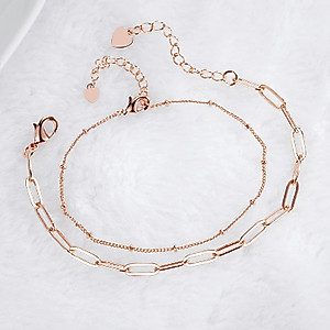 14K Rose Gold Plated Dainty Bracelet Layered Fashion Paperclip Link Bracelets for Women Girls Men(Rose Gold)