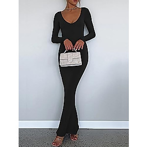 REORIA Women's Sexy Soft Lounge Ribbed Long Dress Fall Elegant Formal Wedding Guest Long Sleeve Deep V Neck Bodycon Maxi Dresses Black Small