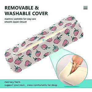 Vnurnrn Pink Strawberry Green Leaves Neck Support Pillow Round Neck Roll Bolster Cylinder Pillow Cervical Pillows Knee Pillow for Leg Knee Back Head Support for Camp Study Work Men