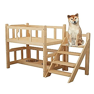 Pet Bed American Wooden Dog Bed Frame, 2-Layer Large Pet Bed, Raised Indoor Pet Furniture, with Stairs + Guardrail(Size:XL（90x55x70cm）)