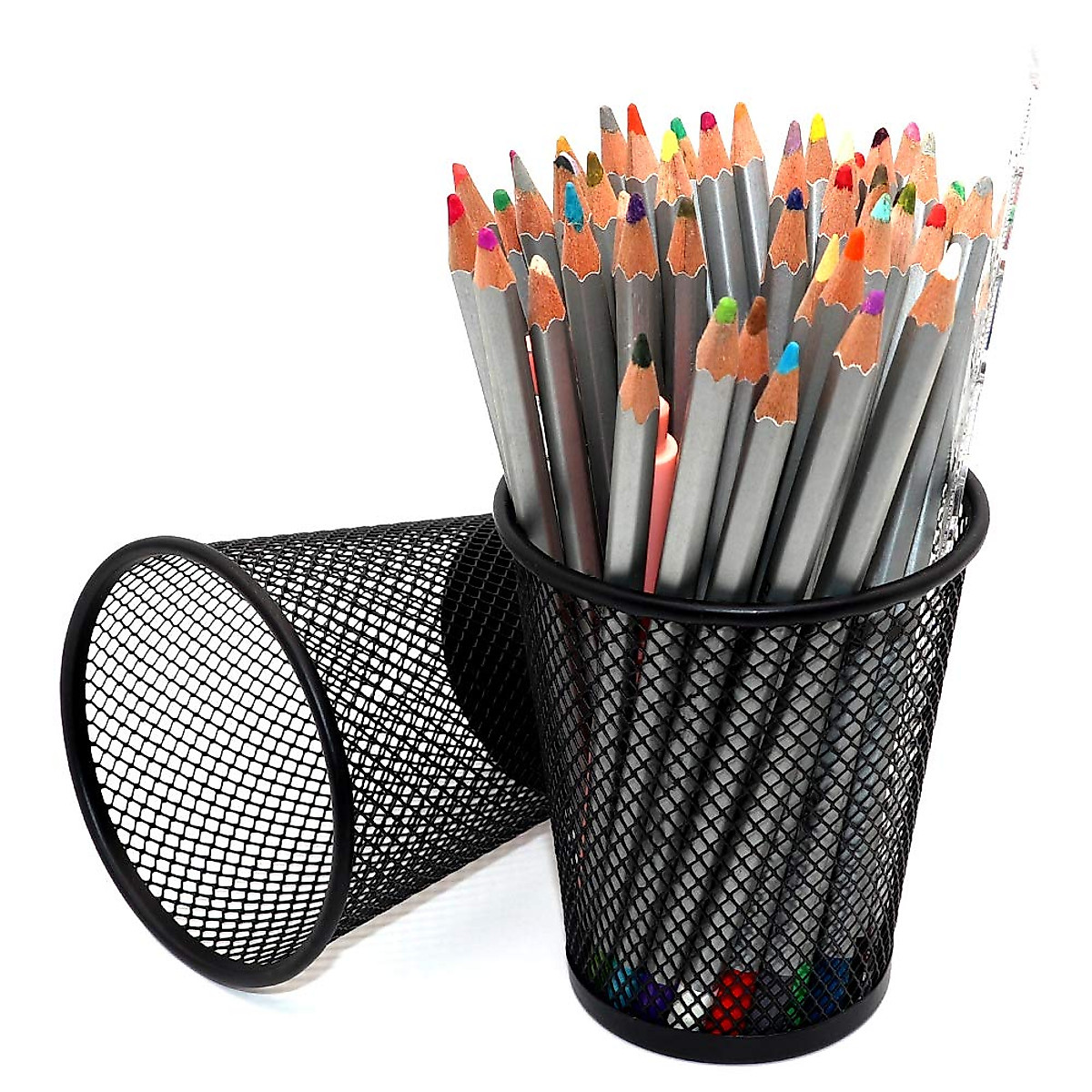 4 Pack Pen Holder Metal Mesh Pencil Holders Round Shaped Pen Holders for Desk Office Wire Mesh Container Pen Organizer,Black