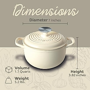 Segretto Cookware Enameled Cast Iron Dutch Oven Pot with Lid Bianco Perla (Pearl White) 1.7 Quarts Dutch Oven Cast Iron with Handle 1.7 qt Enamel Camping Small Dutch Oven for Bread Baking, Cooking