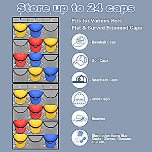 huspossesser Hat Racks for Baseball Caps, Hat Organizer 24 Deep Pockets, Splitable Hat Rack for Wall, Over the Door Hat Hanger for Closet with 4 Hooks, Hat Storage Holder