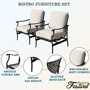 Festival Depot 2 of Outdoor Patio Bistro Armrest Chairs with Cushions Set Premium Fabric Metal Frame Furniture Set Garden Dining Seating Chair Thick & Soft Cushions (Beige)