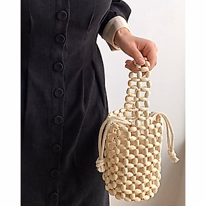 Goodly Wood Beaded Tote Handbag/Summer Mini Beads Bag/Wood Beads Circle Tote Bag for Women (Beige)… (Ivory)