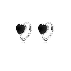 Reffeer Solid 925 Sterling Silver Love Heart Hoop Earrings for Women Teen Girls Black Heart Huggie Earrings Small Hoop (A-Silver)