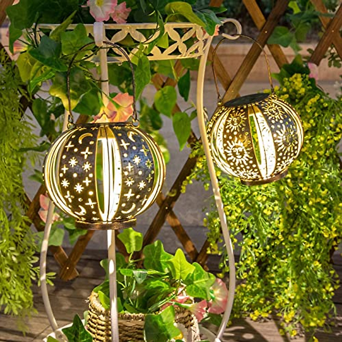 Tryme Solar Lanterns Outdoor Waterproof Moon Star Sun Hanging Solar Garden Lanterns Lights with Handle Patio Decorations for Table Yard (Bronze and Silver)