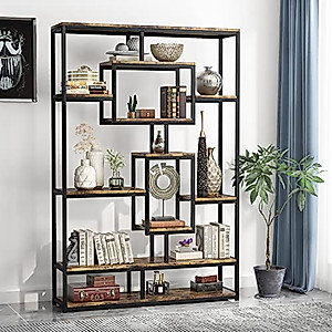 PAKASEPT 9-Shelves Bookshelf, Vintage Industrial Book Shelf Etagere Bookcase, Staggered Corner Shelf with Metal Frame Open Storage Corner Cabinet for Living Room Home Office, Retro Brown