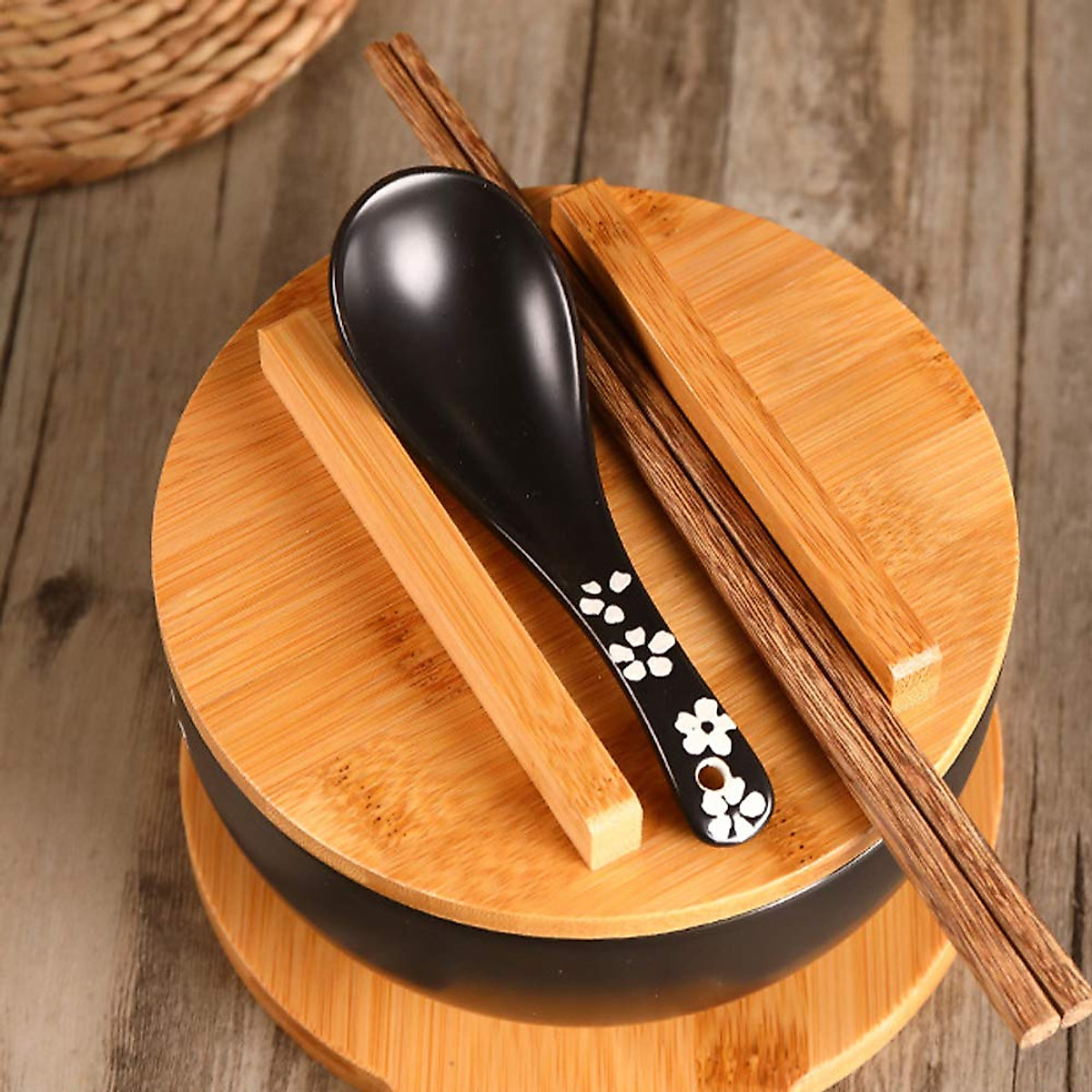 YingXue Japanese Cuisine Bowl (6.3 by 3.15 In) Set with Wooden Lid, Soup Spoon, Wooden Chopsticks, Bamboo Tray, Ceramics Sakura Ramen bowl, Ceramic Instant Noodle Bowl, Salad Bowl Soup Bowl Rice Bowl