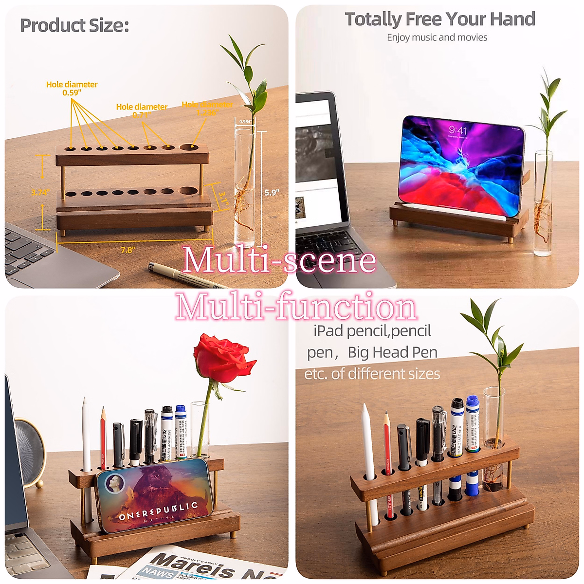 alisimple Walnut Wooden Pencil Pen Holder Stand tablet Cell Phone Stand Holder Glass Plant Propagation Station Test Tube Flower Vase for Desk Decor