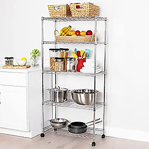 Seville Classics 5-Tier Wire Shelving with Wheels, 5-Tier, 30"" W x 14"" D (NEW MODEL), Chrome Plating, Plated Steel