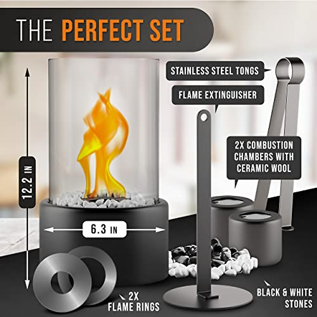 Flammtal Tabletop Fire Pit [4h Burning Time] - Indoor & Outdoor - Ethanol Table Top Fire Pit Bowl with Black & White Stones - Portable Fire Pit with 2 Combustion Chambers - Fire Bowl