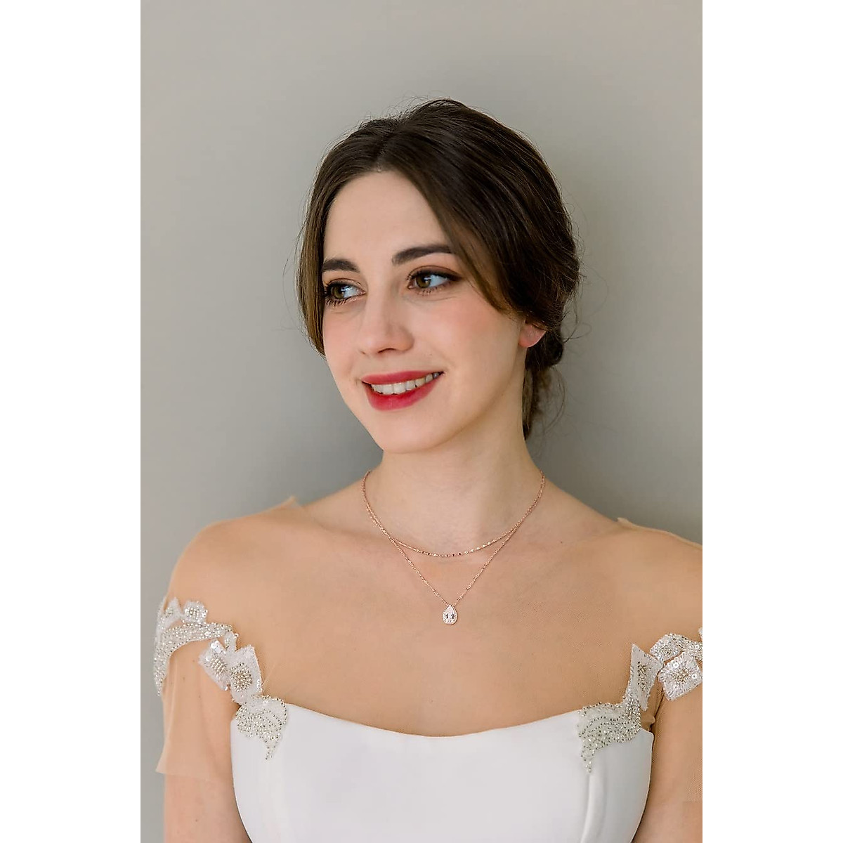 SWEETV Teardrop Wedding Back Necklace for Bride Bridesmaids, Rose Gold Cubic Zirconia Simple Back Pendant Bridal Necklace for Wedding Party