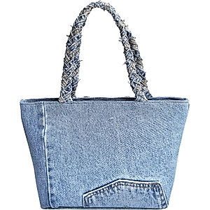 Upcycling Blue Denim Jeans Trapeze Bag Silver Stud Bow-Tied Braided Strap Top-Handle Handbag Purse for Women
