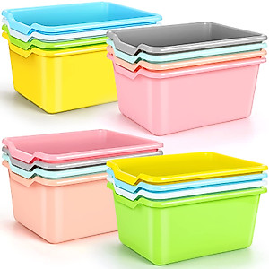 Dandat 16 Pcs Cubby Bins Plastic Books Bins Bulk Scoop Front Classroom Cubby Organization Stackable Toy Storage Tubs Containers for Classroom Office Home(11.42 x 7.87 x 5.12 Inch)