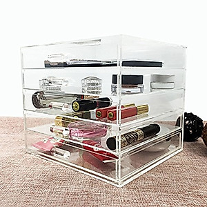 Ikee Design Premium Acrylic 5 Drawer Makeup Organizer Cosmetic Storage Jewelry Display Case for Home Storage and Store Display, 8.5" W x 7.25" D x 7.25" H