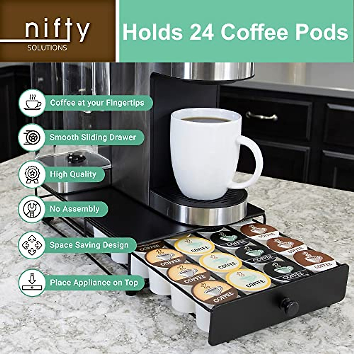 Nifty Solutions Capacity Nifty Rolling Mini Black Finish, Compatible with K-Cups, 24 Pod Pack Holder, Compact Under Coffee Pot Storage Drawer, Slim Home Kitchen Counter Organizer