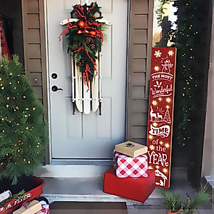 Lighted Wooden Welcome Sign, Merry Christmas Snowflake Elk Porch Sign for Front Door Decorations, Rustic Farmhouse Red Xmas Hanging Signs Wall Sign for Christmas Happy New Year Decor 47.2"H