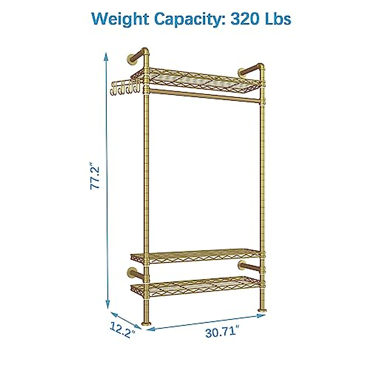 Timate F1 Pipe Clothes Rack Wall Mount Heavy Duty Closet Organizer System Hanging Closet Rack for Clothes, Closet Kit Walk in Closet Systems, Adjustable Storage Closet Shelves Wardrobe Closet, Gold