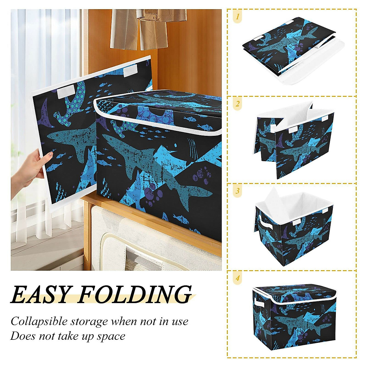 DOMIKING Sharks Large Storage Bin with Lid Collapsible Shelf Baskets Box with Handles Toys Organizer for Shelves Cabinet Nursery Drawer