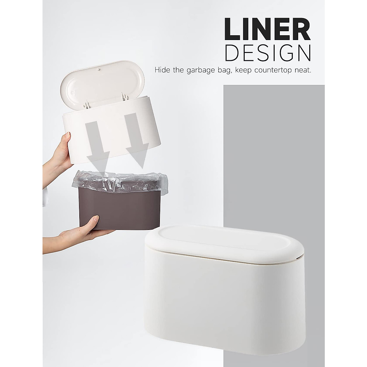 MONGTINGLU Mini Trash Can with Lid - Removable Small Garbage Can, Tiny Plastic Trash Bin, Pop Up Countertop Wastebasket, Counter Garbage Lint Bin for Bathroom,Office,Kitchen,Desk,Coffee Table(White)