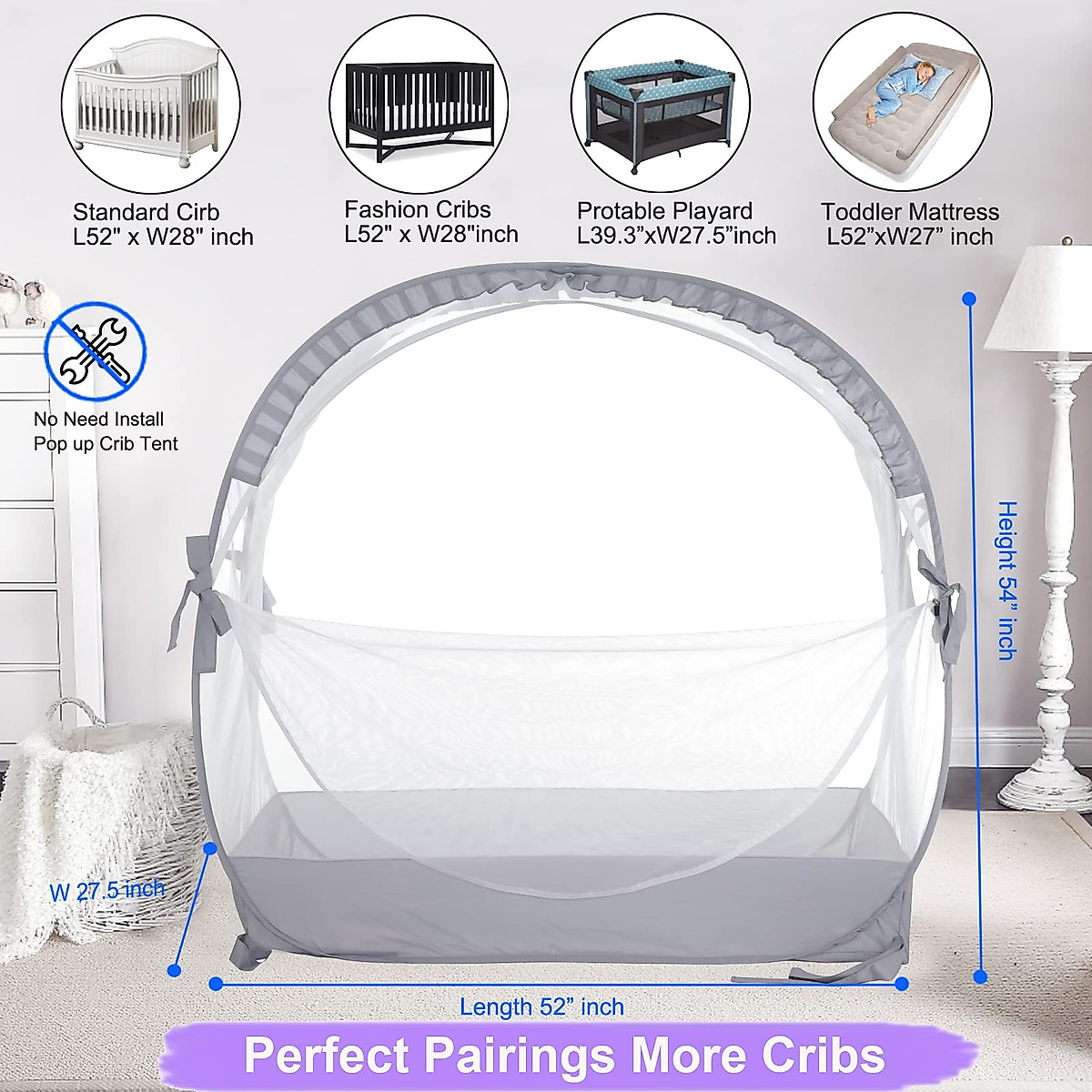 Safety Crib Tent to Keep Baby from Climbing Out,Woderful Breathable Pop-up Mosquito Net Protable Baby Tent for Baby Travel