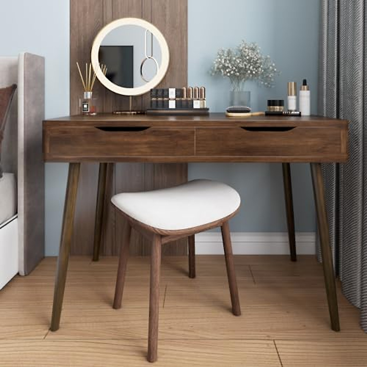 Tangkula Mid-Century Desk with 2 Drawers, Writing Study Desk, PC Laptop Desk, Home Office Computer Workstation for Small Space, Makeup Vanity Console Table (Walnut)