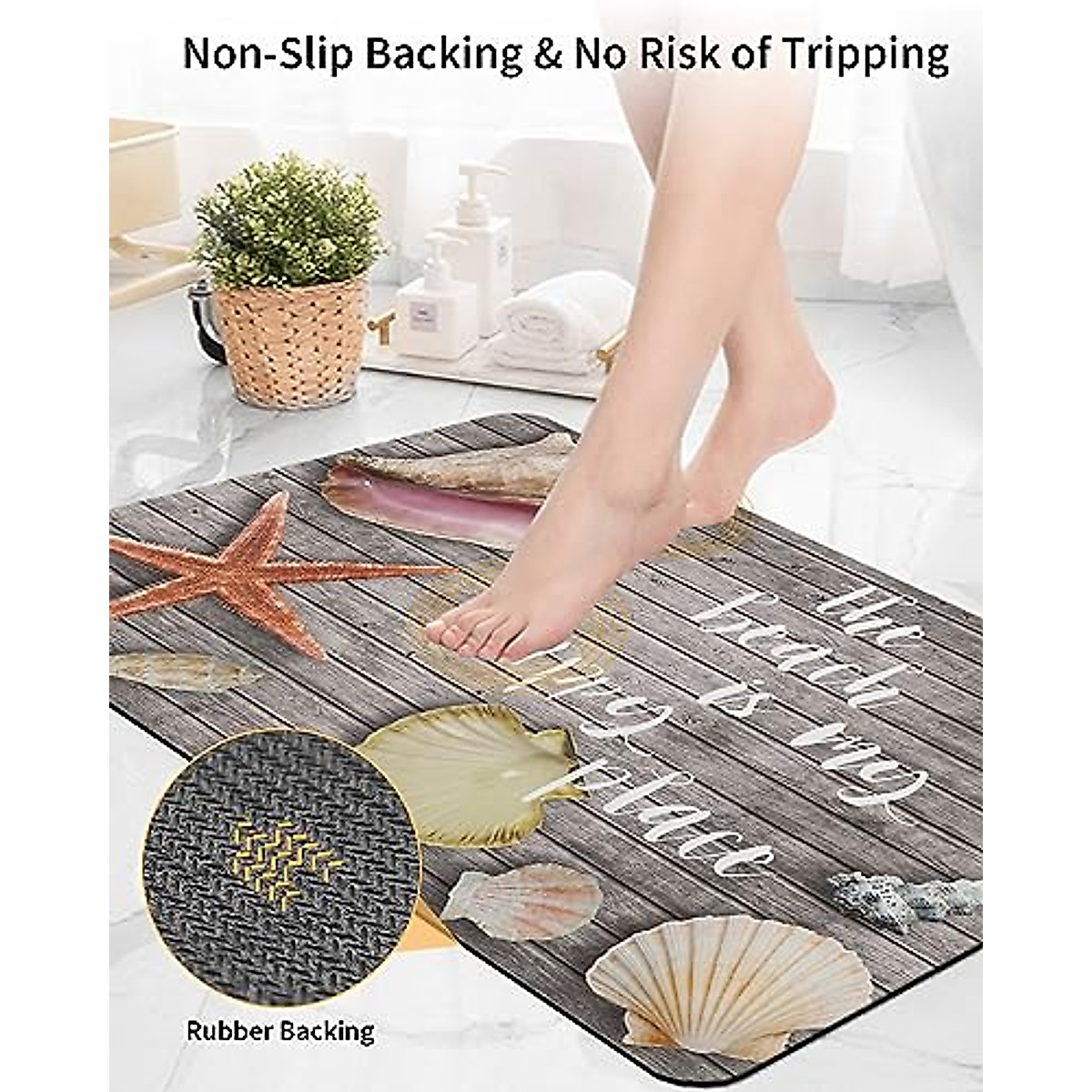 Gogobebe Super Absorbent Diatom Mud Mat Starfish Shell Conch on Vintage Wooden Planks Quick-Drying Thin Bath Mat Non-Slip Bathtub Mat Anti-Skid Rubber Bathroom Shower Mat 16x24in