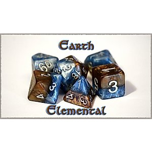 Earth Elemental Halfsies Dice - 7 die polyhedral dice Set - Cerulean Blue & Terran Brown - Silver Numbering