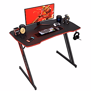 BestOffice 39" Gmaing Desk Computer Gaming Desk Z Shaped Gaming Workstation Ergonomic Gaming Table with Headphone Hook for Game Players (Red)
