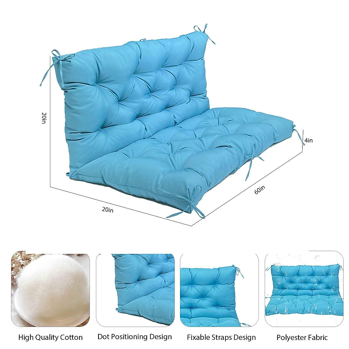 Swing Cushions for Outdoor Furniture, Waterproof Porch Swing Cushions 2-3 Seat, Thicken Outdoor Swing Cushion with Tie for Patio Garden Furniture (Khaki,48 x 40)