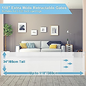 ERARROW Extra Wide Retractable Baby Gates,118 Inch Extra Wide Baby Gates for Large Opening,34”Tall Extra Long Dog Gates Safety Gates for Stairs, Indoor, Outdoor, Doorways, Hallways